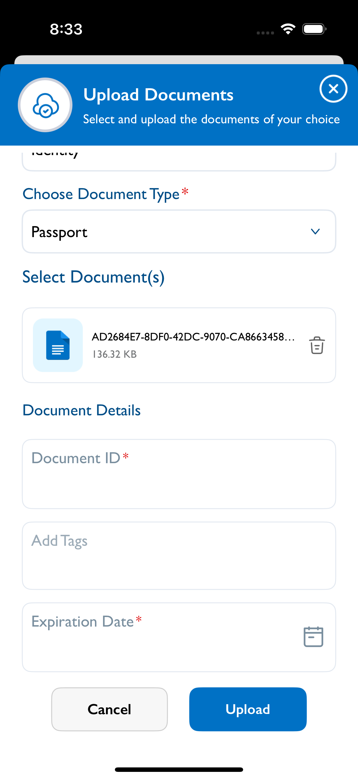 Bug #4771: Documents (Upload): No hint text needed for Document ID and Expiration fields ...